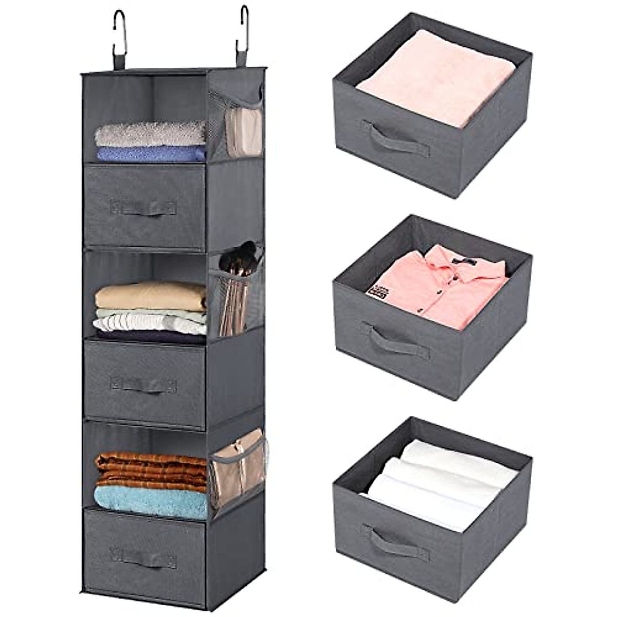 HAITRAL Hanging Closet Organizer - 6-Shelf Hanging Storage Shelves with 3 Drawers & Side Pocket - Multi-Function Foldable Cube Wardrobe for Home, Dorm, Apartment