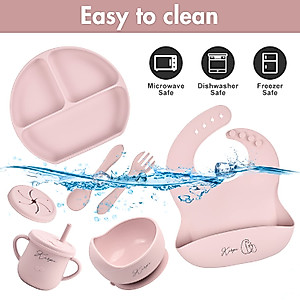 Baby Led Weaning Supplies - Kirpi Baby Feeding Set - Silicone Suction Bowls, Divided Plates, Sippy and Snack Cup - Toddler Self Feeding Eating Utensils Set with Bibs, Spoons, Fork - 6 Months (Pink)