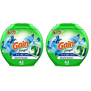 Gain flings Laundry Detergent Soap Pacs, HE Compatible, 42 Count, Long Lasting Scent, Blissful Breeze Scent (Pack of 2)