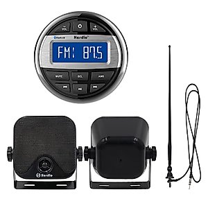 Herdio Marine Radio Package- IPX6 Receiver Compatible with Bluetooth, 1 Pair 4 Inch Marine Speakers, AM FM Antenna for Boat ATV UTV (Black)