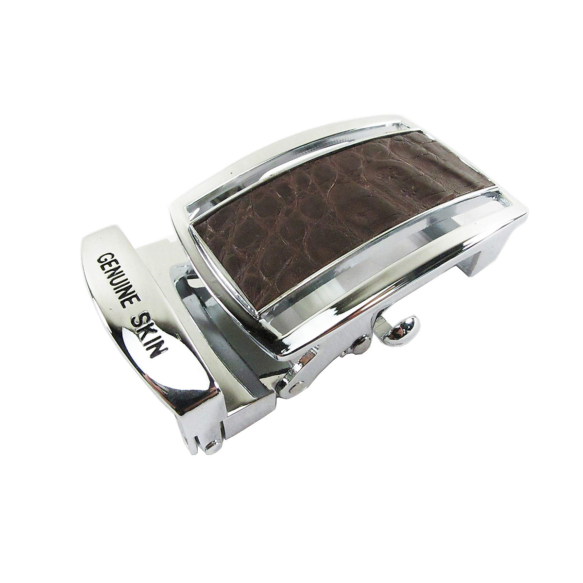 Pelgio Genuine Crocodile Skin Leather Stainless Steel Auto Locking Buckle for Flat Belt (Chocolate Brown, 1.5" Wide Belt)