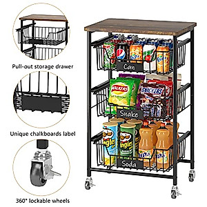 XYZLVSI Kitchen Storage Cart with Wheels, 4-Tier Metal Utility Rolling Cart Fruit Vegetable Storage Basket Pantry Rack with Wood Top & Pull Out Baskets for Kitchen, Livingroom, Diningroom, Office