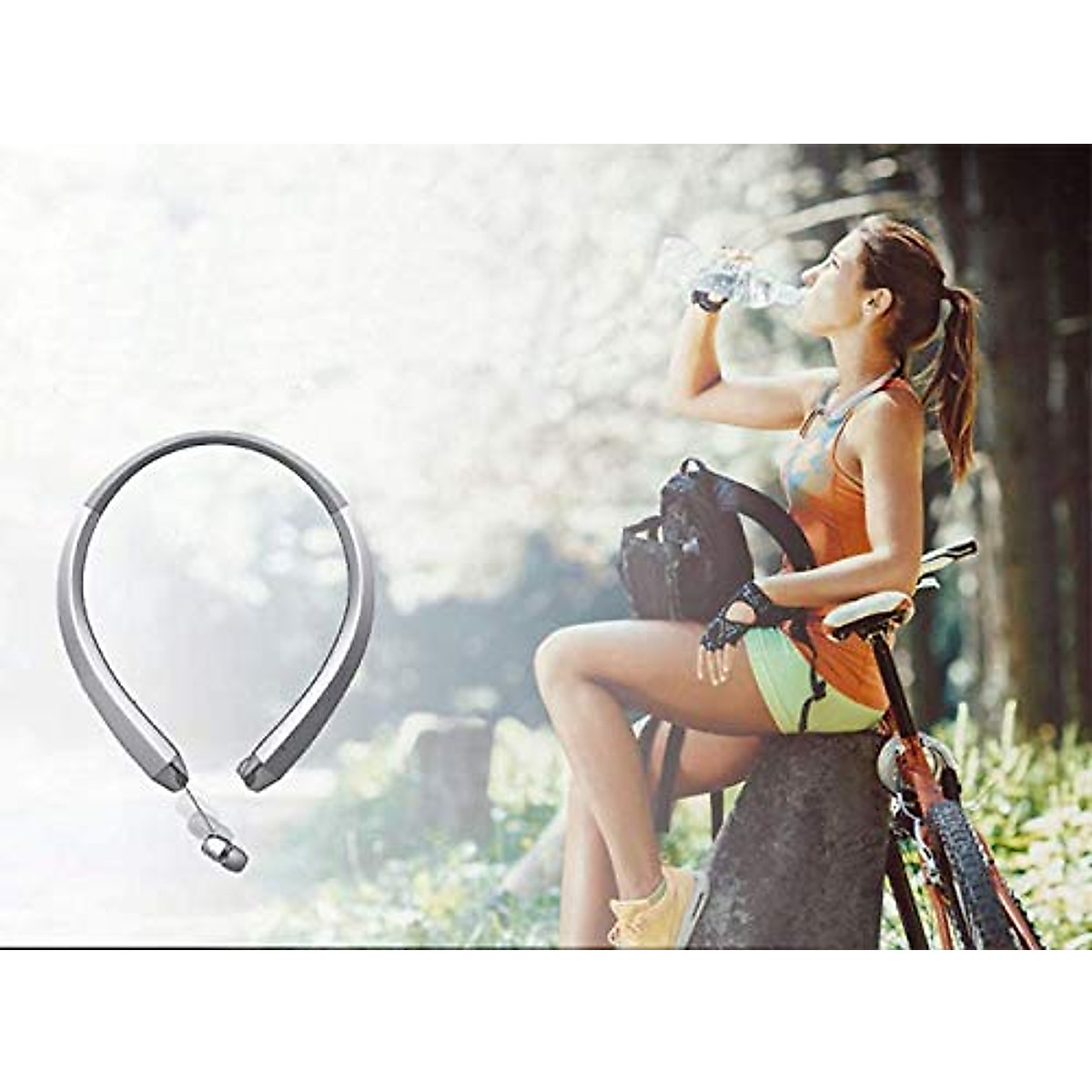 QT S Bluetooth Headset, Lightweight Retractable for Neckband Bluetooth Headphones for Sports Exercise Home & Office, Noise Cancelling Stereo Neckband Wireless Headset Talk 9-10 Hours (Silver)