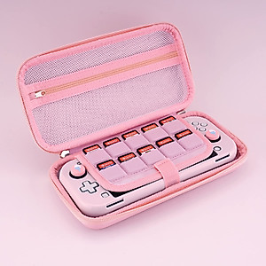 eXtremeRate PlayVital Pink Cute Carrying Case for Nintendo Switch Lite, Thumb Grip Caps + Kitten & Chicken Slim Travel Case for Switch Lite, Portable Hardshell Girl Storage Bag Game Accessories