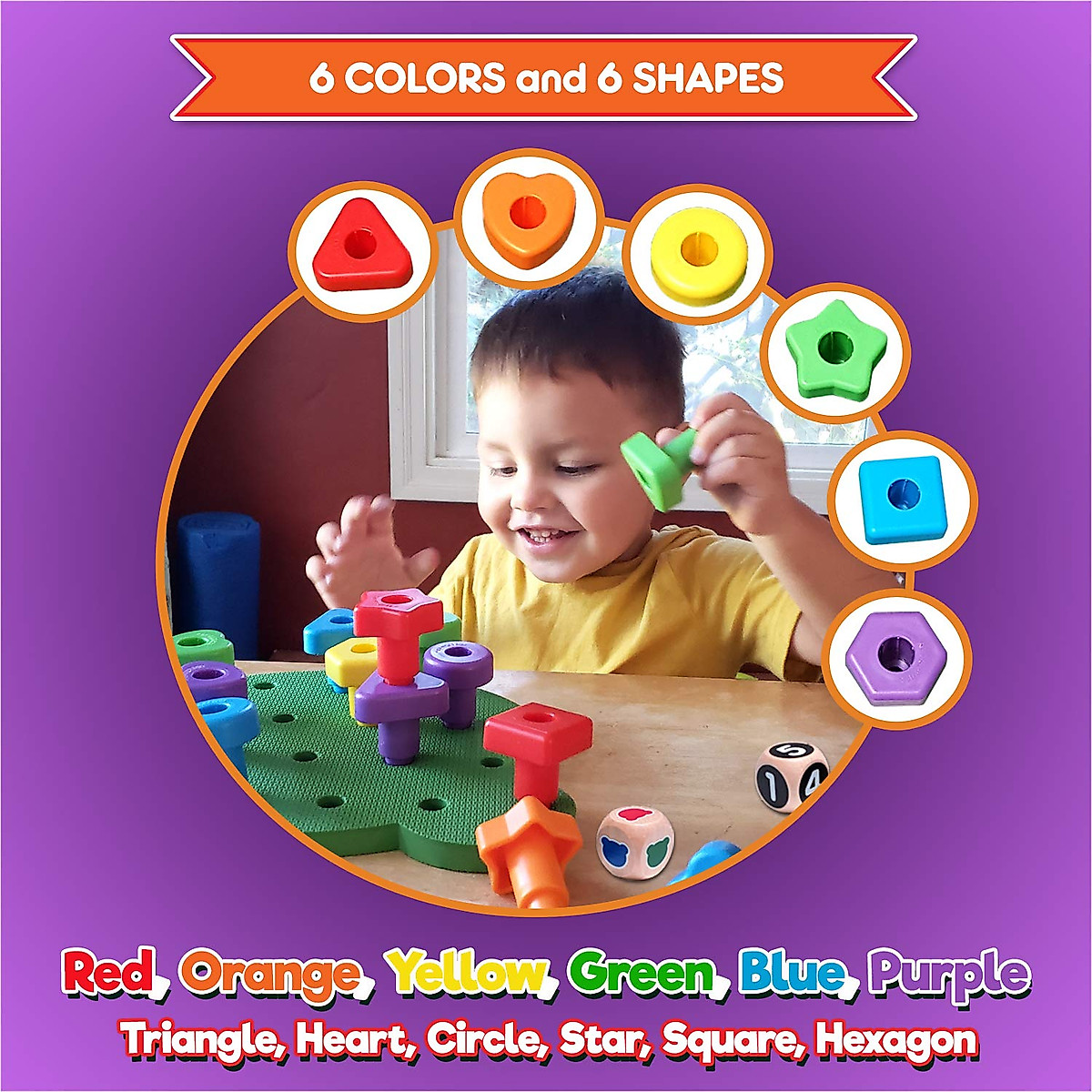 KIDS KORNER New & Improved Peg Board Stacking Toddler Toys Game Set - Lacing Fine Motor Skills for Ages 3 and Up - Matching Shapes with Pegs & Activity eBook