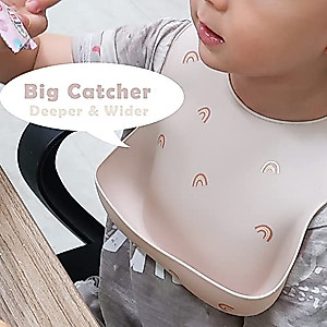 Santi & Me Silicone Bibs for Babies & Toddlers, Soft Waterproof Bibs with Food Catcher Pocket, Adjustable Baby Feeding Bibs 2 PCS (Beige&Light pink)