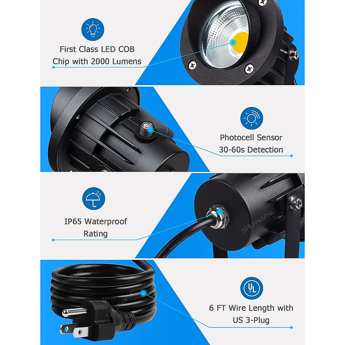 SUNVIE 20W Spot Lights Outdoor with Photocell Sensor, Dusk to Dawn LED Landscape Spotlights, Waterproof 120V 2000LM 3000K Landscape Lighting for Yard Flag Tree Garden 6 FT US 3-Plug in Cord, 2 Pack