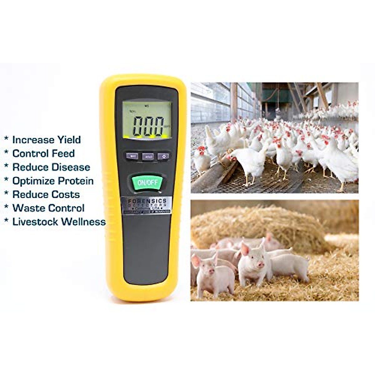 Basic Ammonia Meter by Forensics | 0-100ppm with 1ppm Resolution | Farm, Poultry, Pig & Livestock | Soft Touch Rubber Grip | Large Display & Backlight | Mode: FD-NH3000 | Yellow