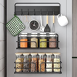 SEIRIONE Magnetic Spice Racks for Refrigerator with 8-Hook Rack,3-Piece Set Seasoning Organizer,2 In 1 Design Spice Rack Organizer,Soid Magnetic Shelf as Seasoning Rack for Kitchen, Bathroom,Laundry