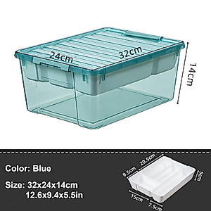 WeiMeet Large Plastic Storage Box with Removable Tray Caddy Clear Art Supply Organizer Playroom Container Organizer Plastic Storage Bin with Lid for Bead Crayon Tool Sewing Supplies(Blue)