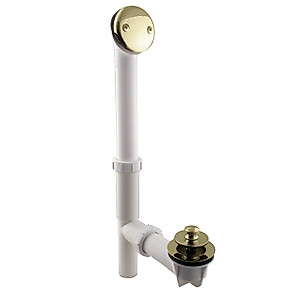Westbrass 594244-01 14" White Tubular Bath Waste & Overflow Assembly with Twist & Close Drain Plug and 2-Hole Faceplate, Polished Brass