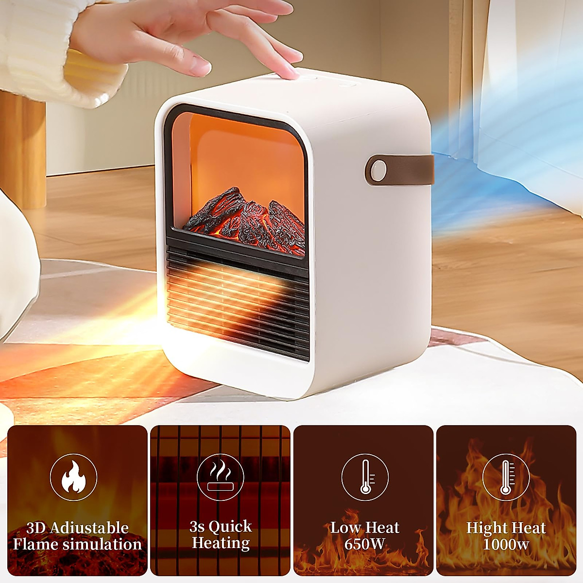 ZJFLNZYC Portable Mini Small Electric Fireplace Heater,Small Room Space Heaters for Indoor Use with 3D Flames,PTC Ceramic Heater, Desk Space Heater for Bedroom,Bathroom and Office Quiet Small(White)