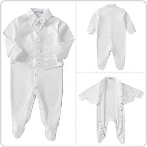 Booulfi Baby Boy Baptism Outfit Boys Christening Outfits Baby Boy Clothes 3-6 Months Newborn Boy Outfits Long Sleeves Baby Romper Hat BowTie 3 Pcs Baby Boy Clothing Set