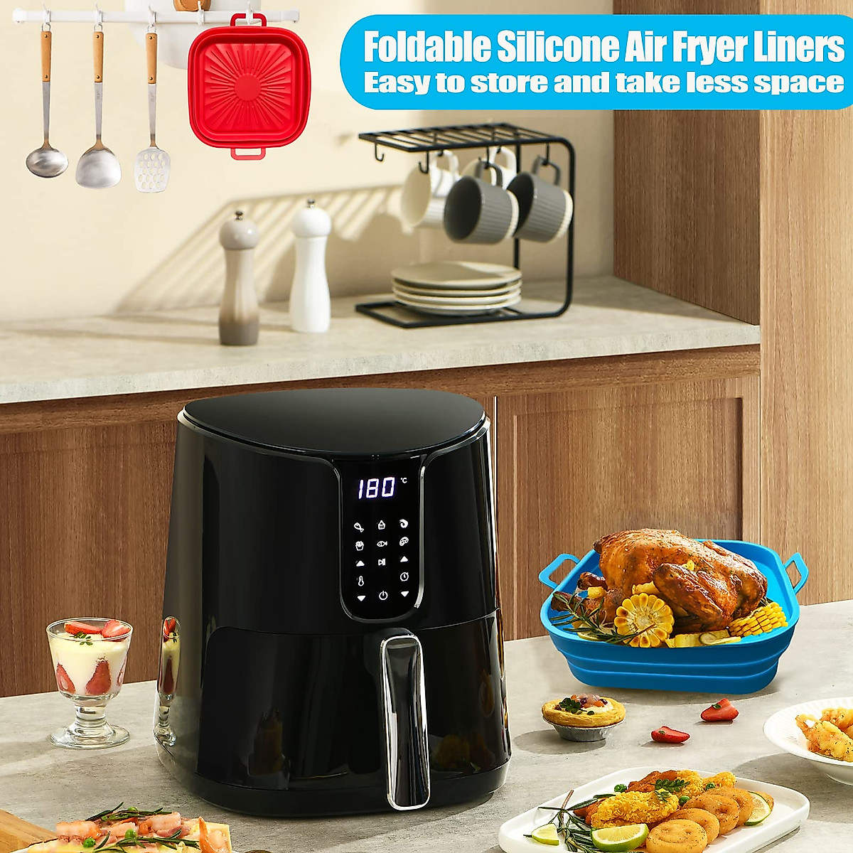 Silicone Air Fryer Liners, DERGUAM Flodable Air Fryer Liners with 100PCS Air Fryer Liners Parchment Paper Liners, Reusable Air Fryer Silicone Liners Square, 8in Fits for 4-8Qt Air Fryer/Oven, 2Pcs