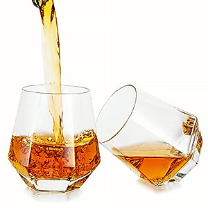 Hanobe Diamond Whiskey Glasses - Set of 2 Unique Geometric Tilted Wine Tumbler Crystal Old Fashioned Rock Lowball Glasses for Cocktail Scotch Cognac Bourbon Drinking Bar, 10oz Clear