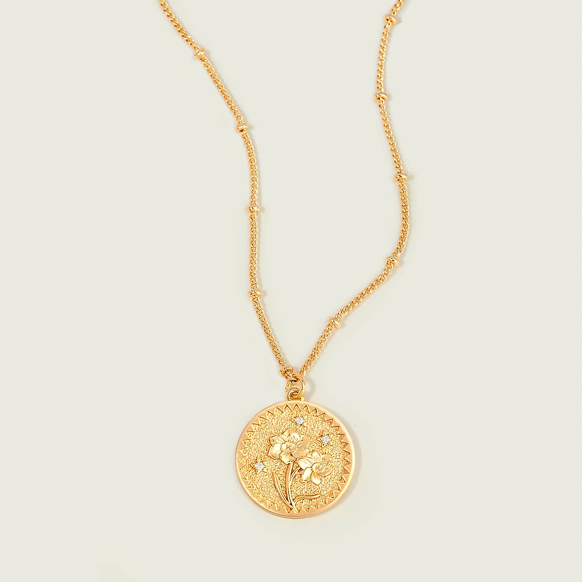 MEVECCO Gold Birth Flower Coin Necklace for Women Paperclip Chain Choker Layered Set Embossed Disc March Daffodil Pendent 18K Gold Plated Dainty Satellite Chain Birthday Jewelry for Her