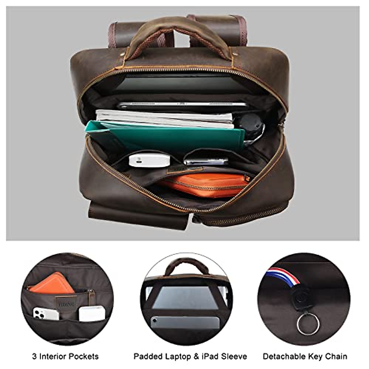 TIDING Vintage Genuine Leather 15.6 Inch Laptop Backpack for Men Business Travel Shoulder Daypacks