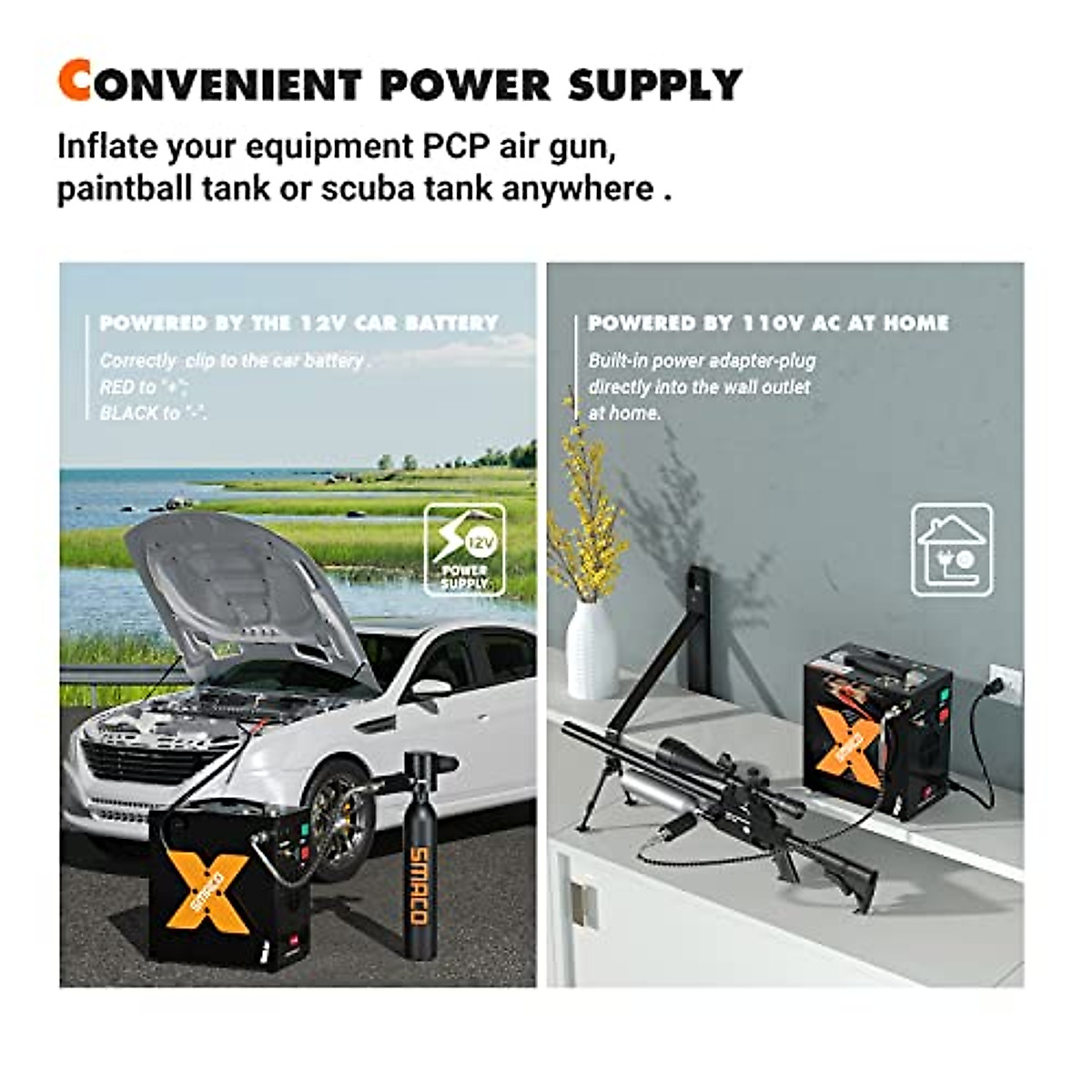 SMACO PCP Air Compressor 4500Psi/30Mpa High Pressure Air Compressor Paintball Scuba Tank Compressor HPA Pump Fill Station Auto-Stop,Oil-Free Powered by 12V DC or 110V AC with Water/Oil Separator