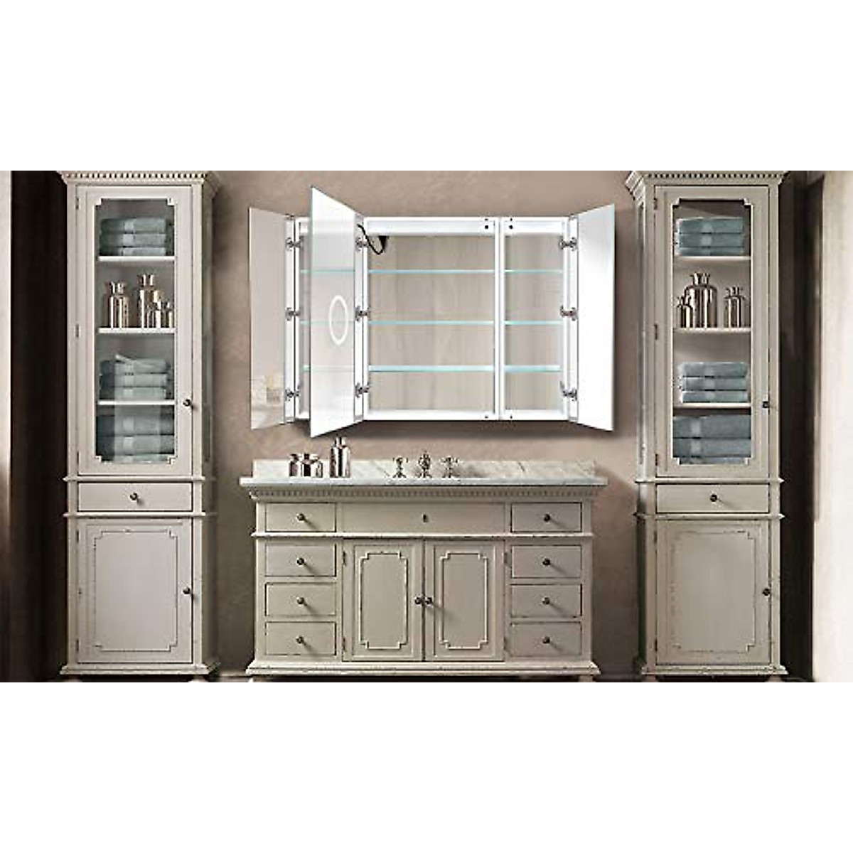 Krugg LED Tri-View Medicine Cabinets with Defogger, Dimmer, 3X Makeup Mirror, Outlet & USB (48 x 36 Left Left Right)