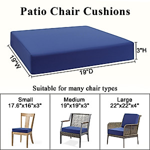 Topotdor Patio Chair Cushions Set of 2,Waterproof Outdoor Chair Cushions with Fade Resistant Removable Cover with Adjustable Straps for Patio Furniture Garden Sofa Couch,19"x19"x3" Blue