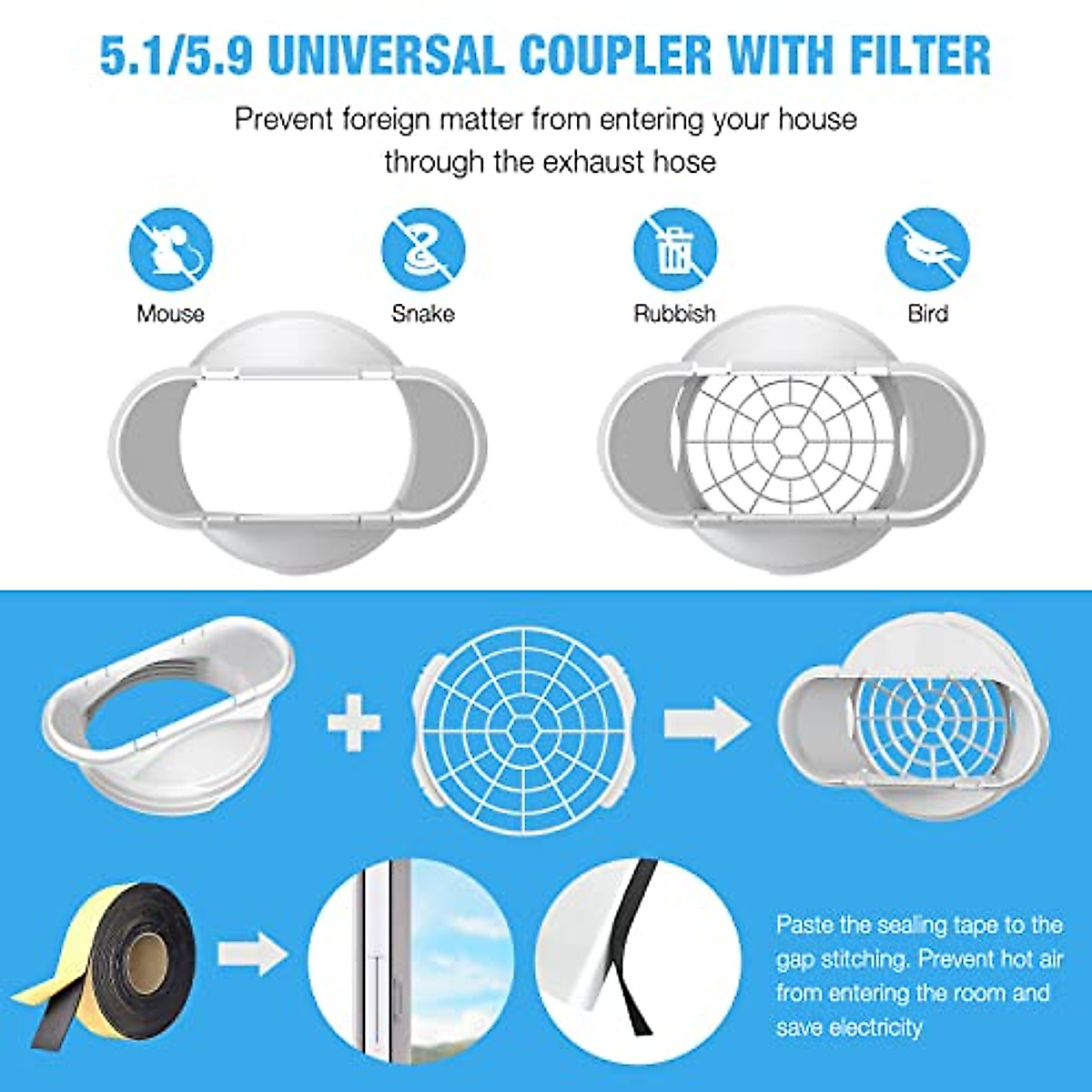 Portable AC Window Vent Kit with 5.1" & 5.9" Universal Hose Adapter, YJHome Air Conditioner Window Seal Kit with 3 Adjustable Slide Seal Plates, Portable Air Conditioner Window Kit for Sliding Window