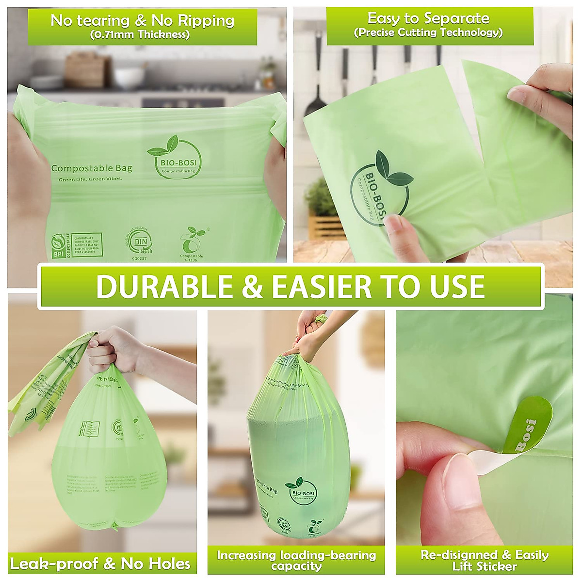 Bio-Bosi Compostable Trash Bags, 13 Gallon Compost Bags, 50 Count 49.2 Liter Extra Thick 0.9 Mil Biodegradable Kitchen Food Scraps Bags, ASTM D6400, US BPI & Europe OK Compost Home Certified