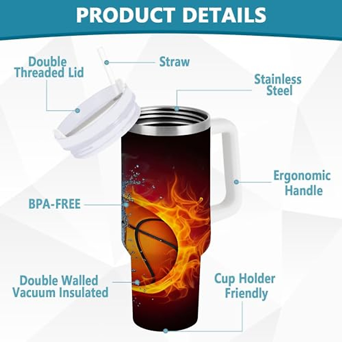 RPLIFE Fire Water Basketball Stainless Steel Coffee Tumbler, Insulated Coffee Cups with Lids, Tumblers for Women