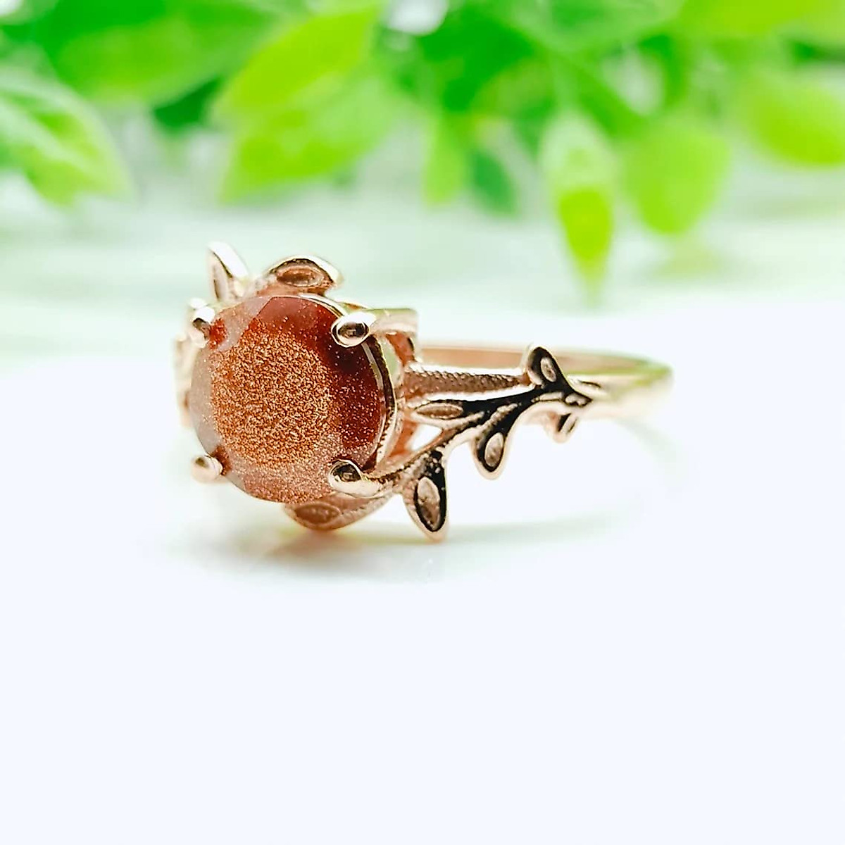Rings For Women Round Cut Sandstone Ring Leaf Gemstone Ring Gold Sandstone Solitaire Promise Ring Designer Beautiful Handmade Gift Ring BY FOREVER GEMS & JEWELS