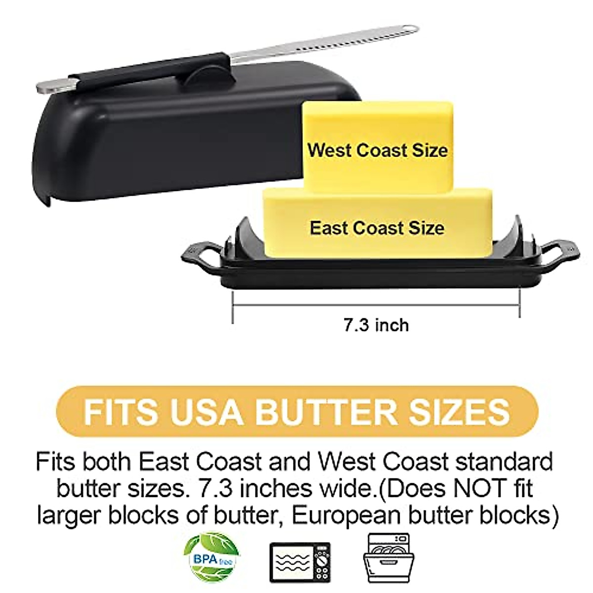 Butter Dish with Lid and Stainless Steel Knife, Light Butter Keeper, TBSP Cutting Measuring Lines Dishes, Easy Scoop, No Mess Lids, Perfect for East West Coast Butter (Black)