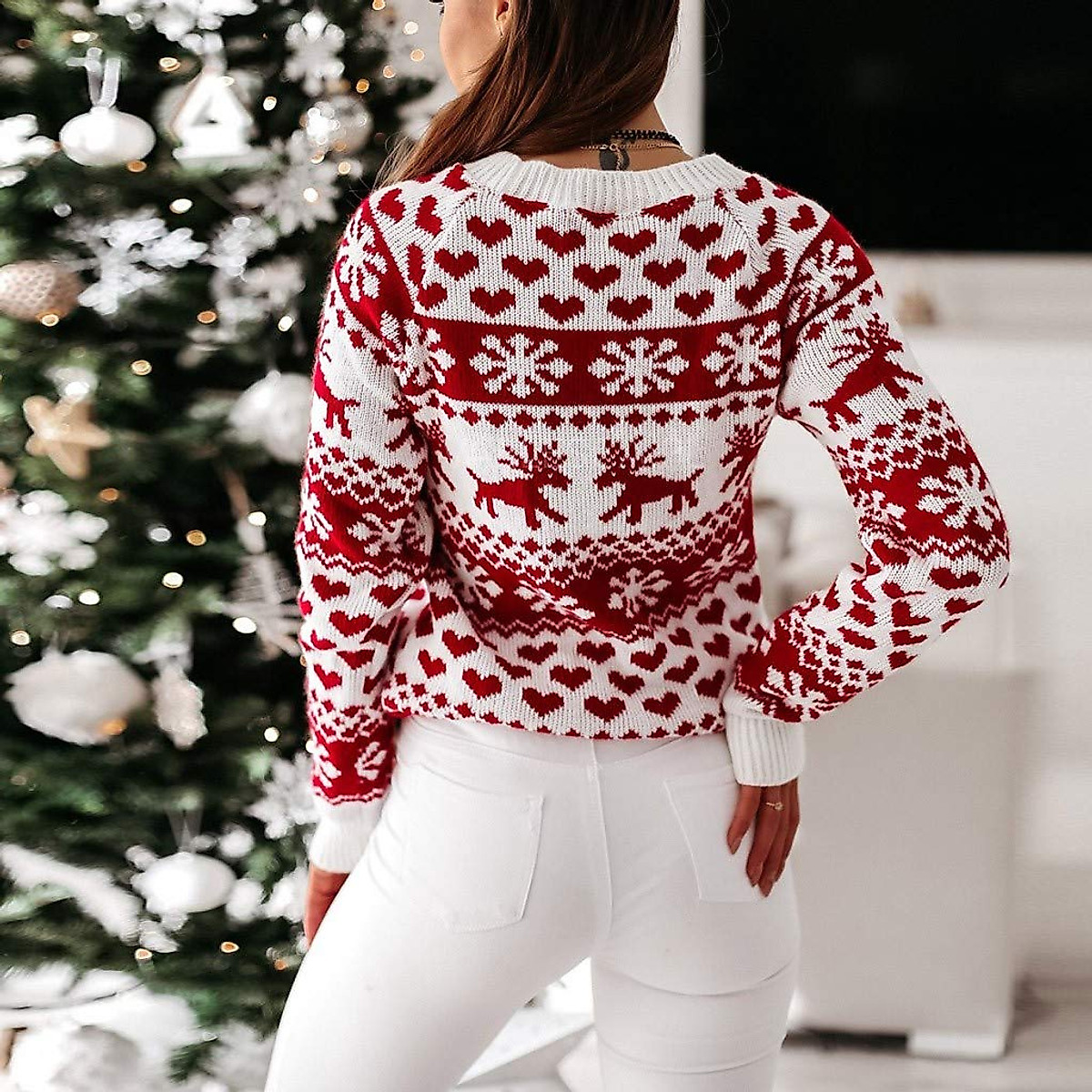 Christmas Sweater Funny Women 2023 Winter Christmas Sweater Crew Neck Long Sleeve Pullover Snowflake Striped Sweater Chunky Knit Jumper Tops Womens Sweater
