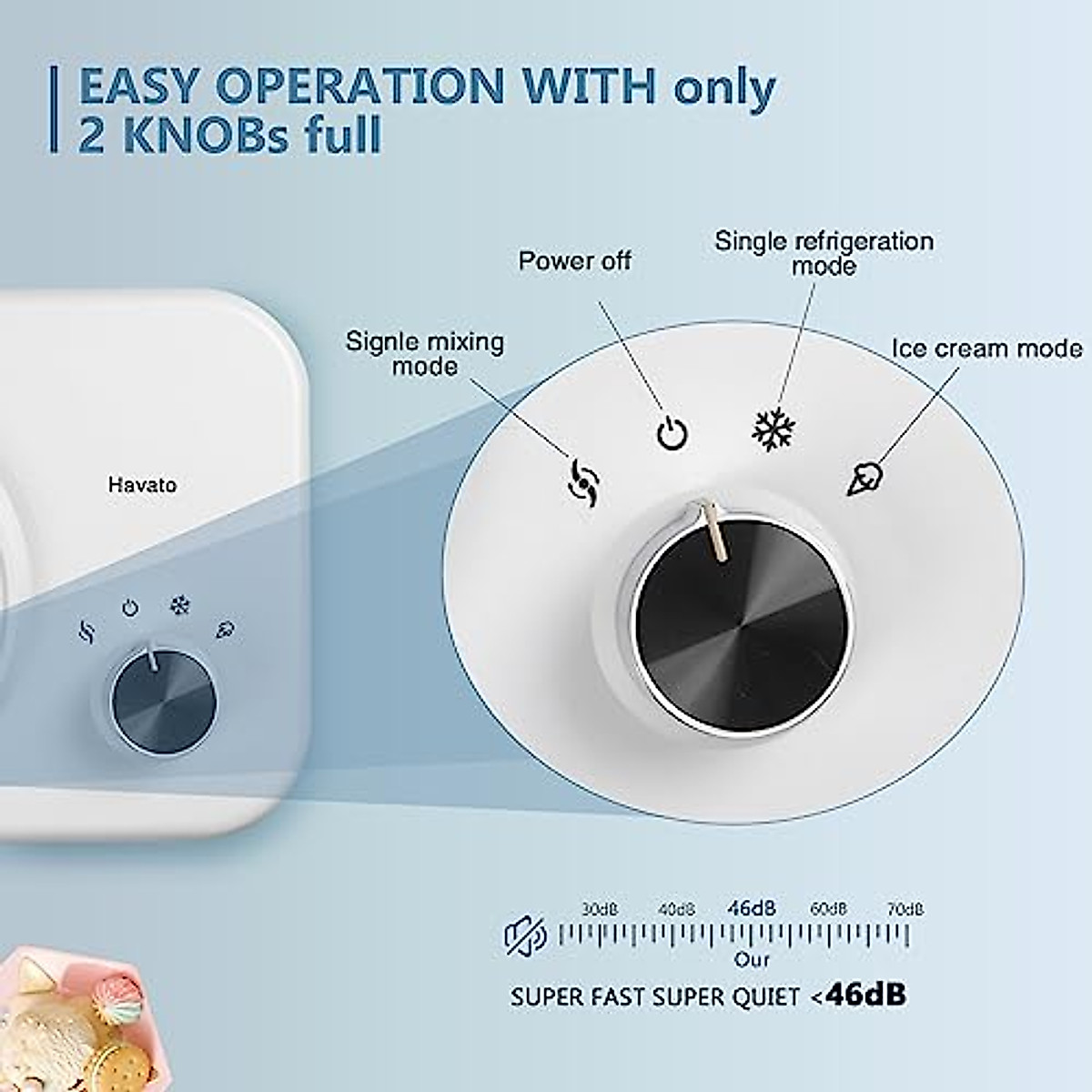 HAVATO 1.0QUART compact Ice Cream Maker with Compressor,No pre-freezing,3 Modes,sorbet machine,Homemade Sorbet/Gelato/milkshake for family of 4-5,recipe included,White