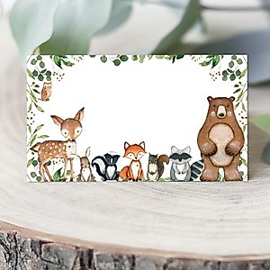 Whaline 100Pcs Woodland Animal Place Cards 2 x 3.5 Inch Watercolor Jungle Creature Tent Name Cards Safari Seat Assignment Labels for Birthday Baby Shower Party Table Setting Supplies