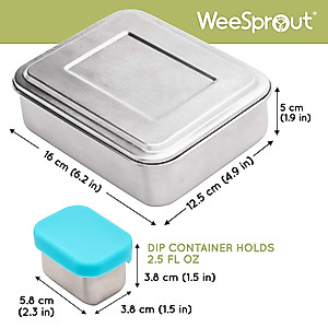 WeeSprout 18/8 Stainless Steel Bento Box (Large) - 3 Compartment Metal Lunch Box, Skid-proof Silicone, for Kids & Adults, Bonus Dip Container, Fits in Lunch & Work Bags, Dishwasher & Freezer Friendly