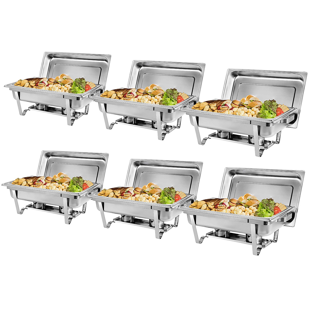 Oteymart Pack of 6 Chafing Dish Buffet Server Warming Tray Chafer Full Size Stainless Rectangular Dish Set Buffet Catering Party Events Utensils w/Fuel Holder Deep Food Pan