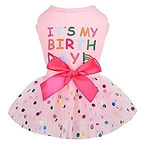 Dog Birthday Dress, It's My Birthday Pet Dog Outfit, Polka Dots Lace Tutu Dog Clothes for Small Dogs Girl, Cat Apparel, Pink, X-Small