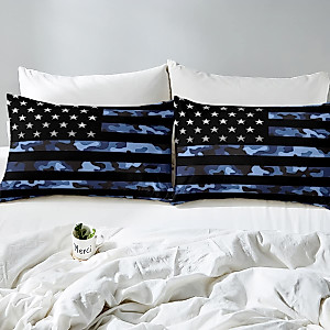 Blue Camo American Flag Full Size Duvet Cover Set,Camouflage Stars Stripes USA Flag Duvet Cover for Girls Teens Decorative Bedroom,Navy Blue Black Polyester Quilt Cover with 2 Pillowcases