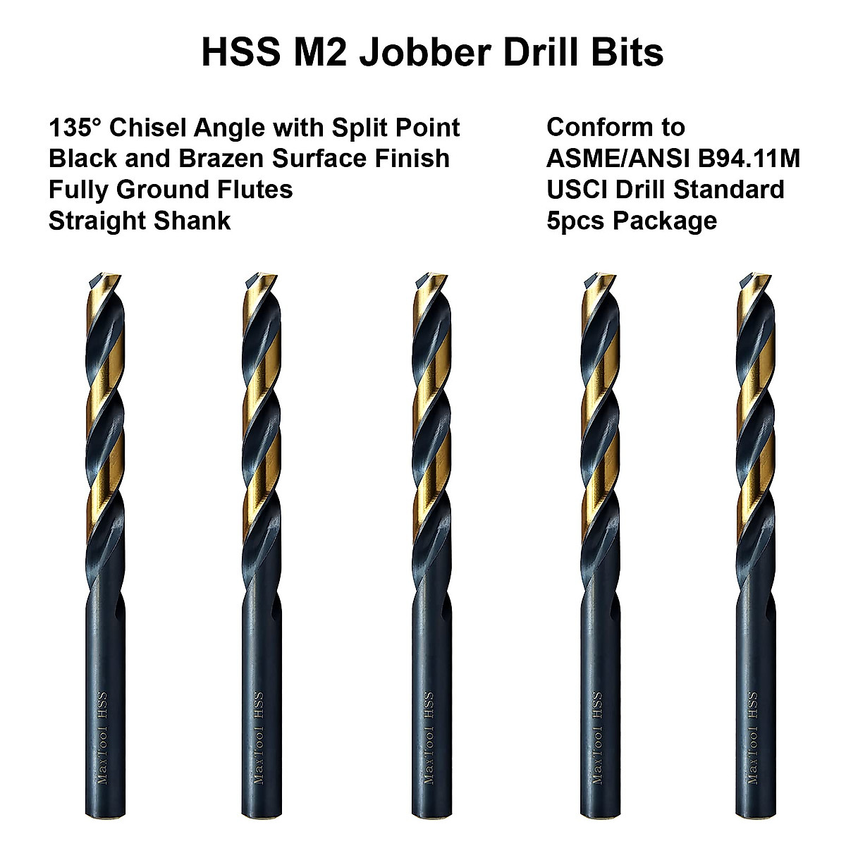 MAXTOOL 1/4" 5pcs Identical Jobber Length Drills HSS M2 Twist Drill Bits Fully Ground Black & Bronze Straight Shank Drills; JBF02H10R16P5