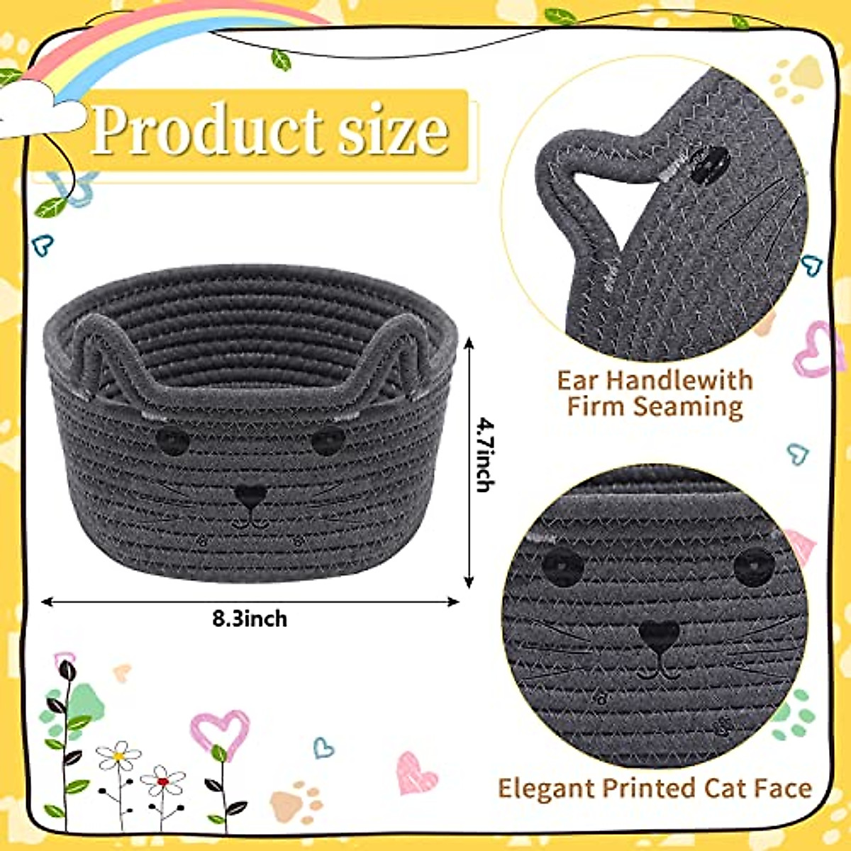 Cat Basket Storage Woven Basket Organizer with Ears Decorative Pet Toy Cute Basket Cotton Rope Basket for Gifts Cat Dog Toy Bin Nursery Room Kids Toy (Gray, 8.3 x 4.7 Inch)