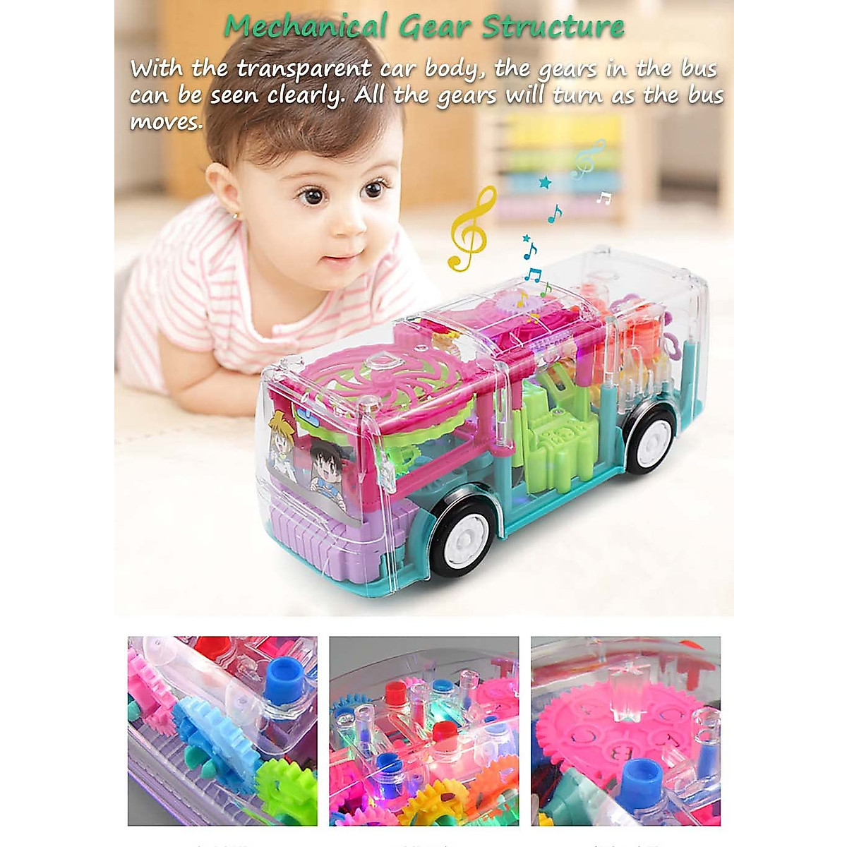 Miracland Transparent Mechanical Gear Bus, Transparent Gear Car Toy Concept Racer Toy Electronic Vehicle Toy Universal Wheel Car Toy STEM Car Toy with Lights and Music (Bus)