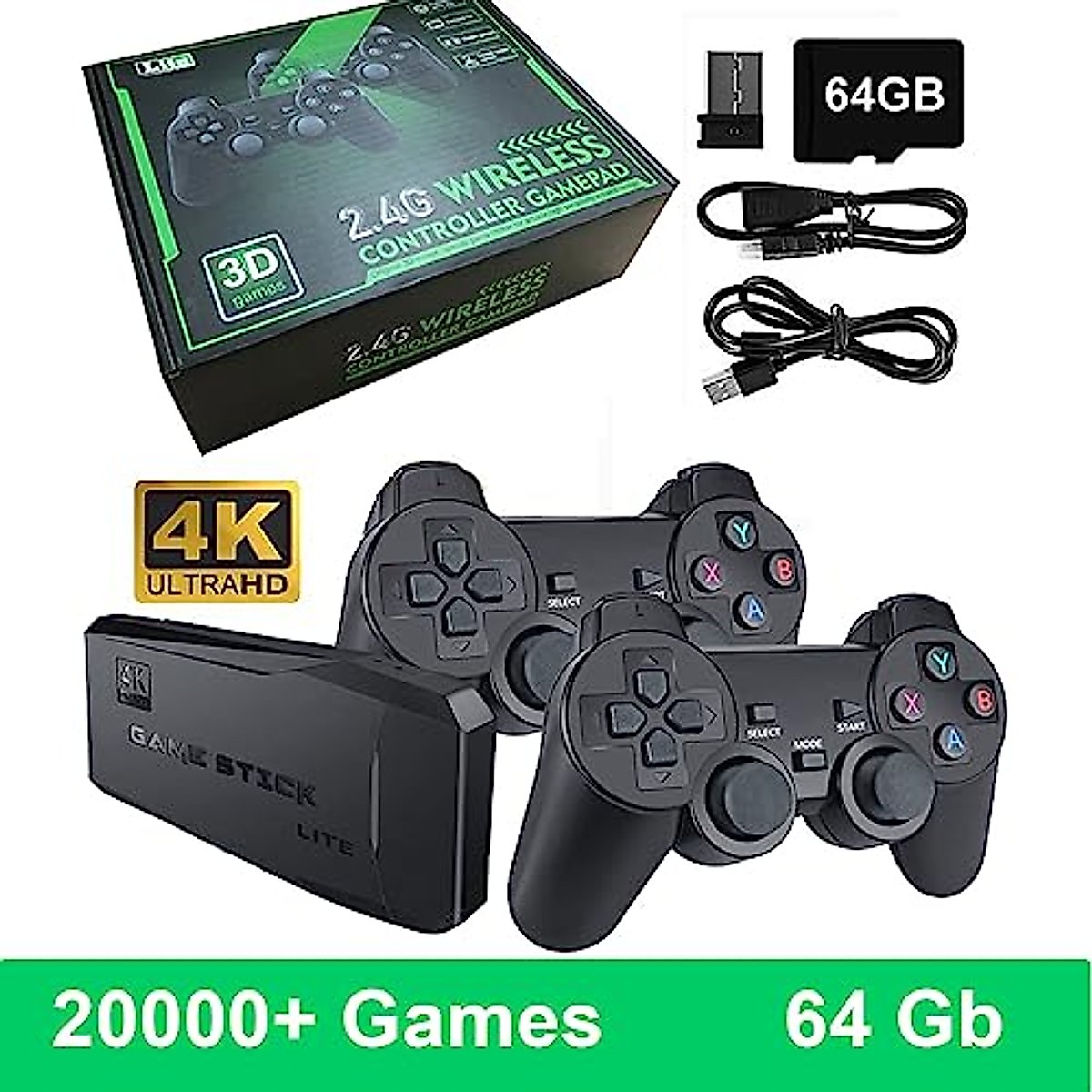 Uberwith Retro Game Console,Retro Game Stick,Plug & Play Video TV Game Stick Within 20000+ Games Built-in, 9 Classic Emulators, 4K HDMI Nostalgia Stick Game for TV, Dual Controllers (64G)