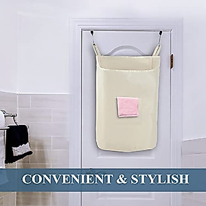 The Fine Living Co. Hanging Laundry Hamper with Over Door Hooks & Adhesive, Durable Space Saving Laundry Bag with Zipper and Wide Open Top, Hanging Dorm Laundry Hamper 20"x3.38"x28" (Beige-L)