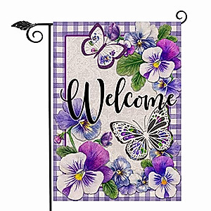 Hzppyz Welcome Summer Pansy Butterfly Garden Flag Double Sided, Purple Buffalo Plaid Check Decorative Yard Outdoor Small Decor, Spring Farmhouse Home Outside Decorations 12 x 18