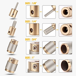 1 3/4 1/4 1/8 Inch Stained Glass Diamond Grinder Bit Head Tools 4 Sizes Brass Core Stained Glass Grinder Bits & Diamond Grinder Bit Head Tools, Stain Glass Tools and Supplies for Stained Glass