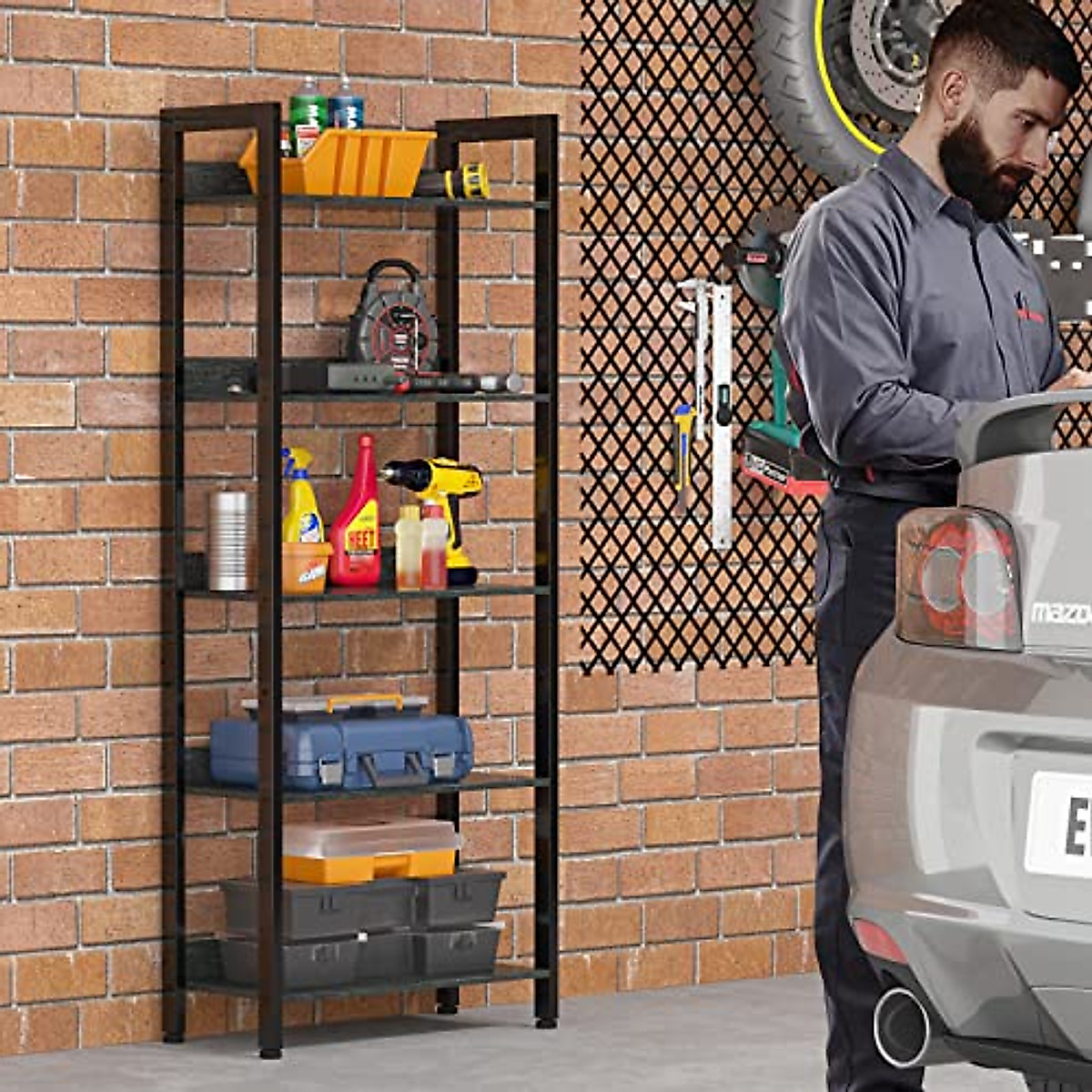 Furologee 5-Tier Bookshelf, Tall Bookcase with 2 Storage Drawers, Industrial Display Standing Shelf Units, Wood and Metal Storage Shelf for Living Room, Bedroom, Home Office, Black Oak