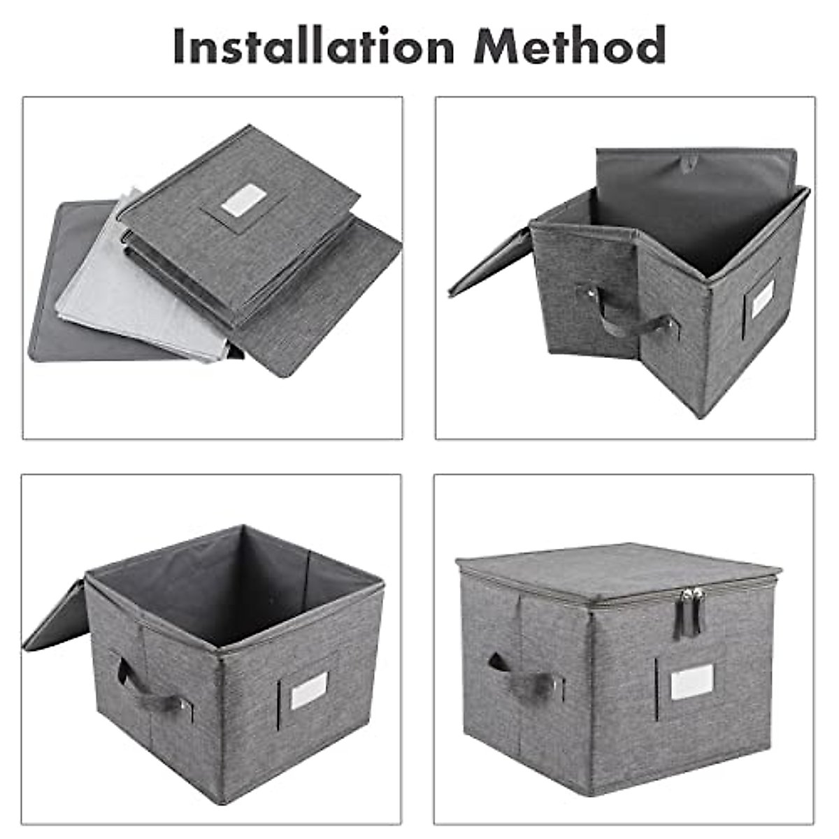 popoly China Storage Containers Inside 12" W x 8" H, Dinnerware Storage Box for Dishes Plate Storage with 24 Felt Dividers, Hold 24 Plates, Hard Shell and Stackable (2 Pack Grey)