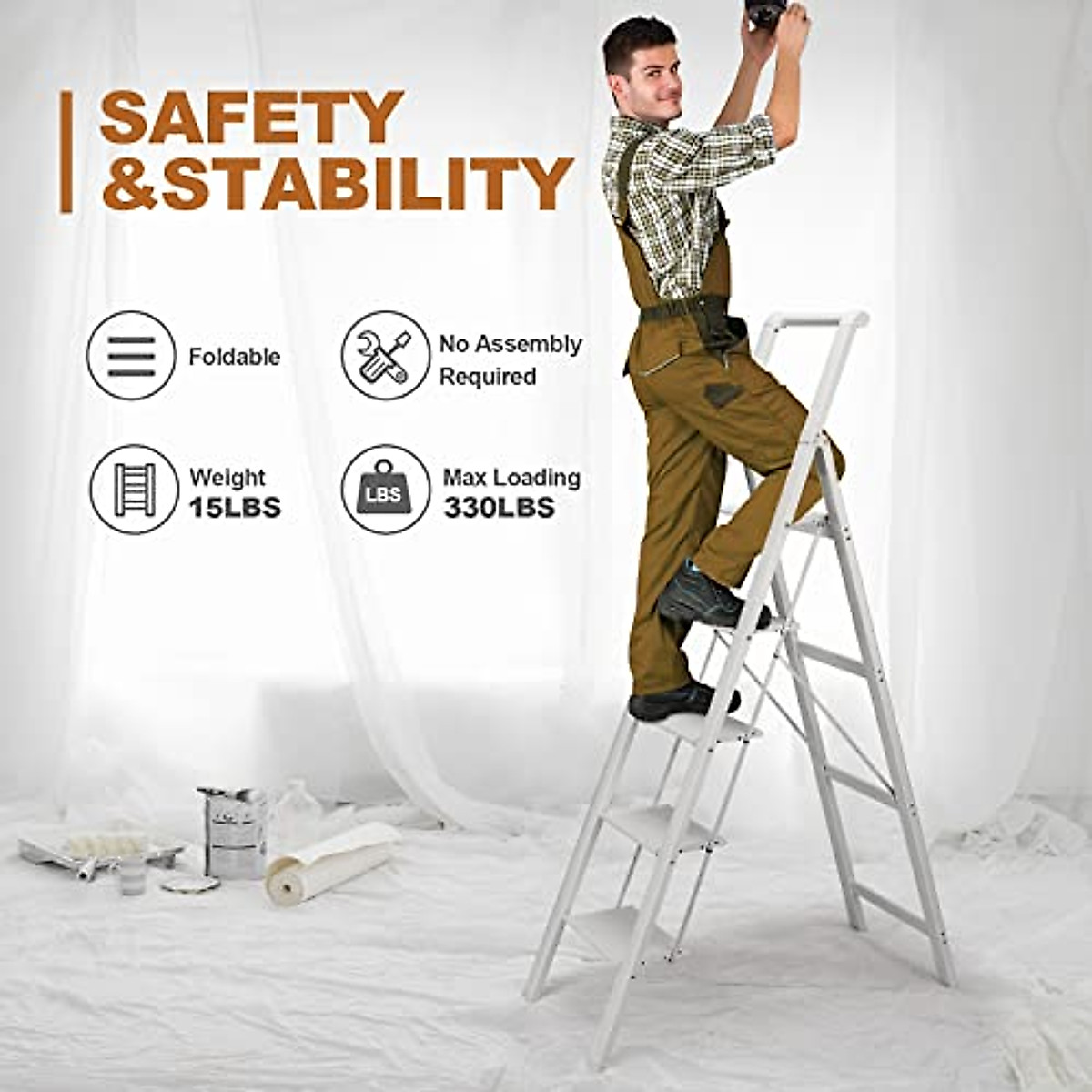 HBTower 5 Step Ladder, Aluminum Ladder with Handrails, Folding Step Stool for Adults, 330LBS Capacity Sturdy& Portable Ladder for Home Kitchen Library Office, White