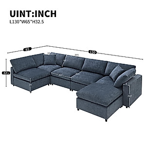 Modern Modular Sofa, 6 Seat Chenille Fabric Sectional Couch with Ottoman, U Shaped Convertible Sleeper Sofa for Living Room, Apartment
