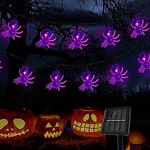 Halloween Solar Outdoor String Lights, 50 Purple Spider Lights with 8 Modes, 23ft Waterproof String Bulbs, Decorations for Halloween Party, Yard, Patio, Garden, Outdoor, Home