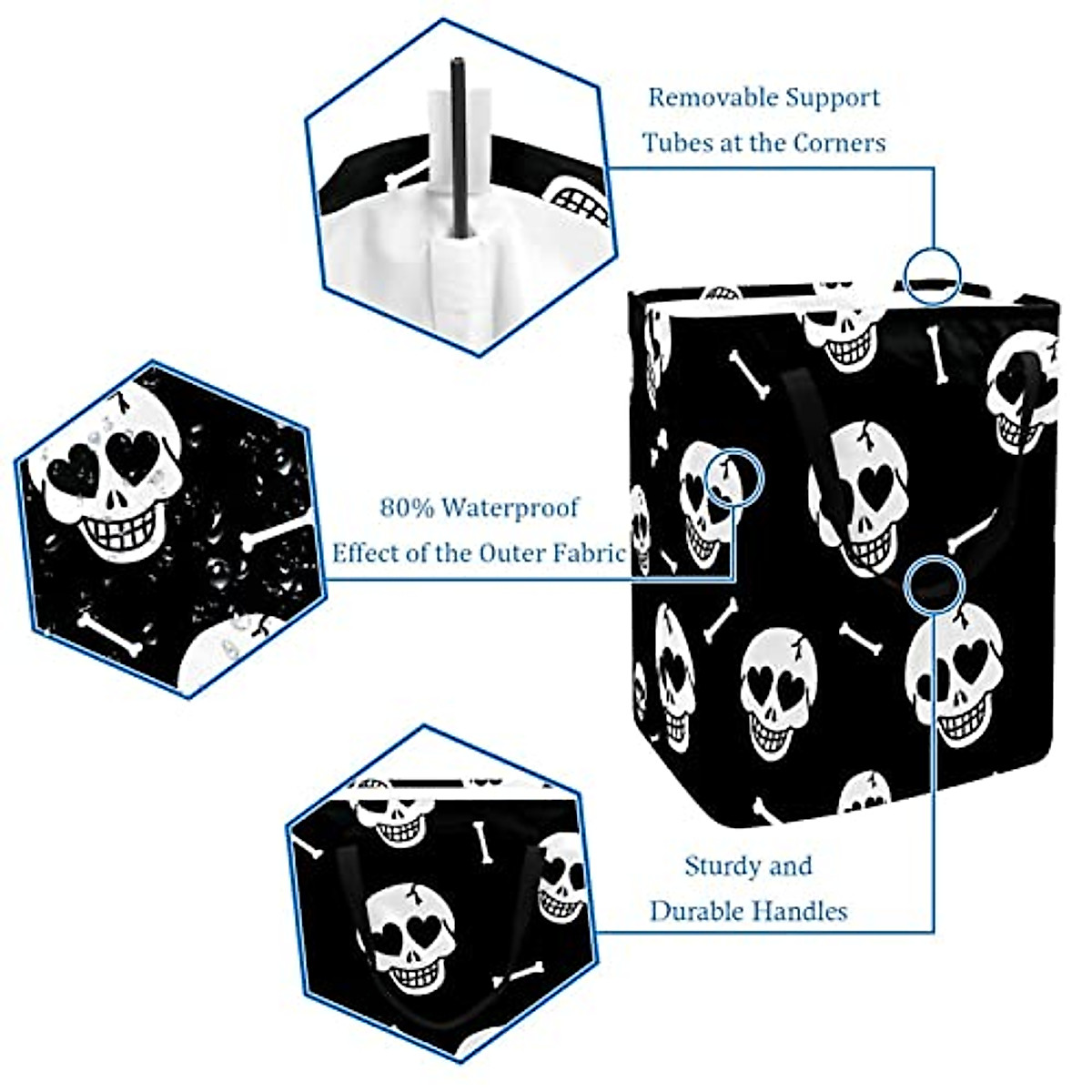 Heart Eye Skull and Bones Print Collapsible Laundry Hamper, 60L Waterproof Laundry Baskets Washing Bin Clothes Toys Storage for Dorm Bathroom Bedroom