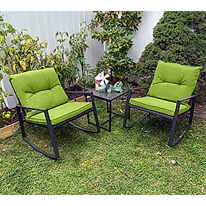 Pyramid Home Decor 3-Piece Rocking Bistro Set - Durable & Stylish Synthetic Wicker Outdoor Furniture - Glass Coffee Table with 2 Chairs for Balcony, Patio & Porch - Black Metal, Soft Green Cushions